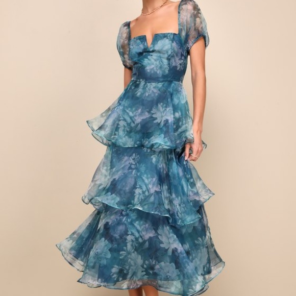 Lulus | Dresses | Lulus Darling Vision Teal Floral Organza Puff Sleeve ...